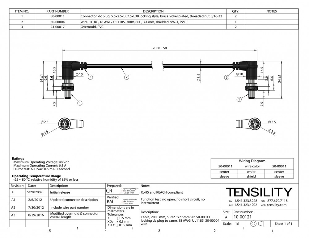 Technical drawing for Tensility International cable assembly 10-00121