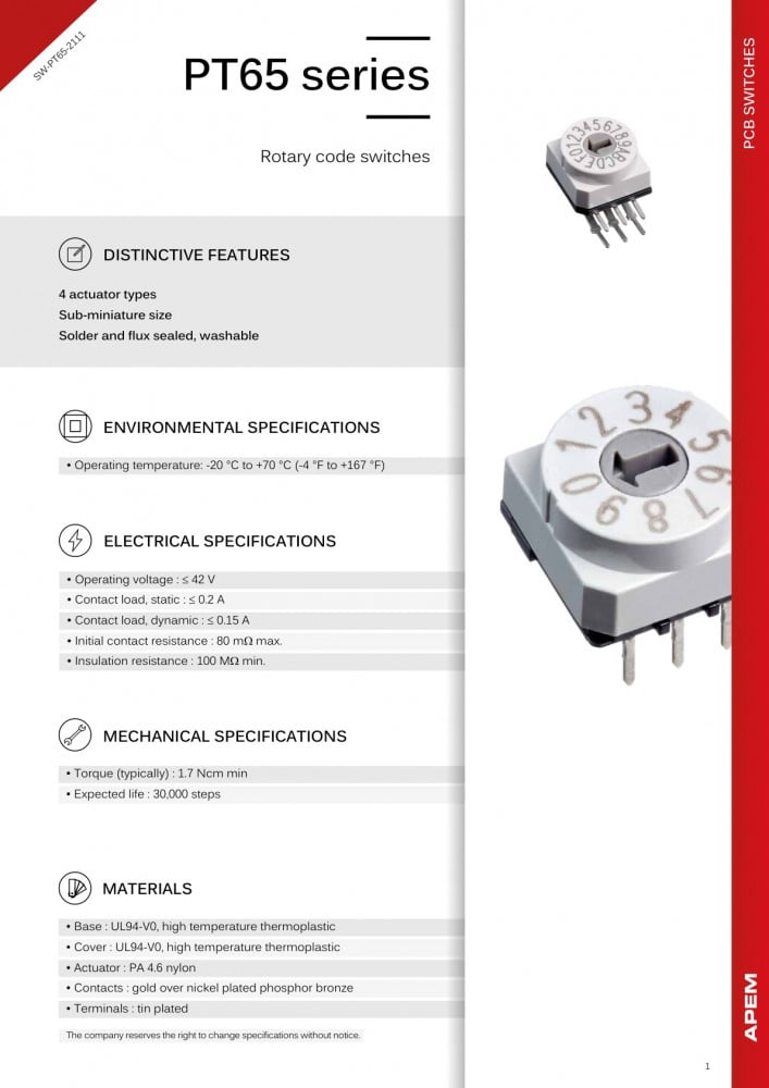APEM PT65 technical document page 1