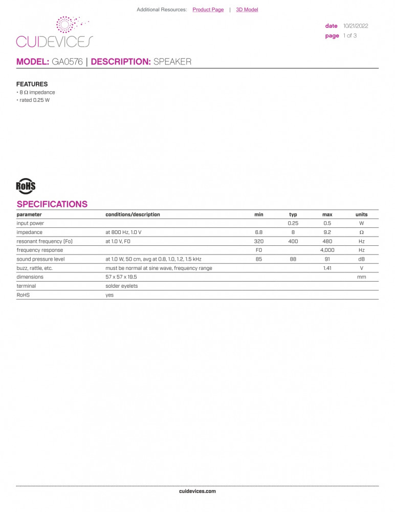 CUI GA0576 datasheet page 1