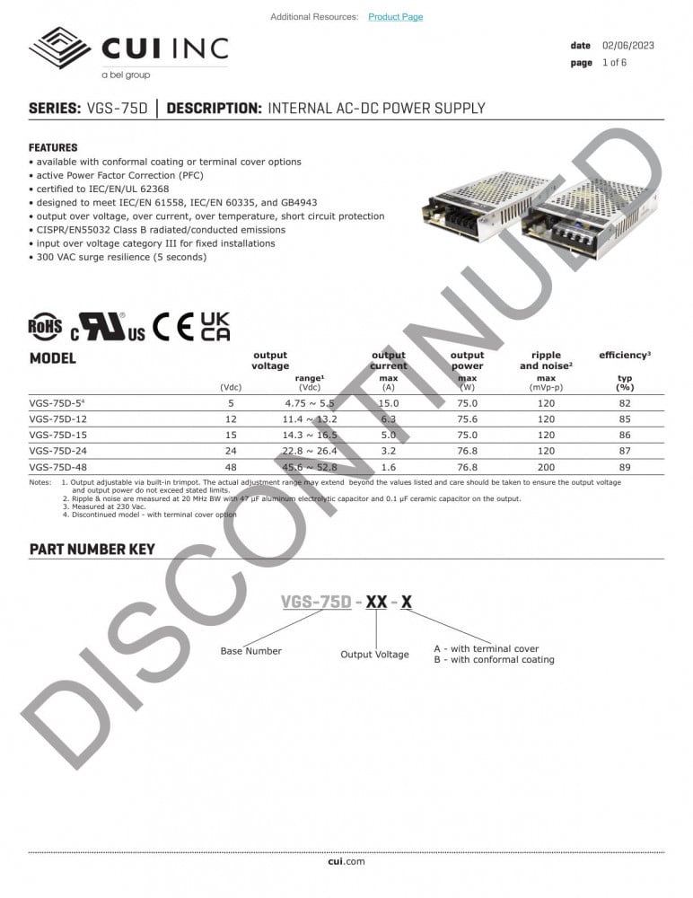 VGS-75D-15 datasheet page 1