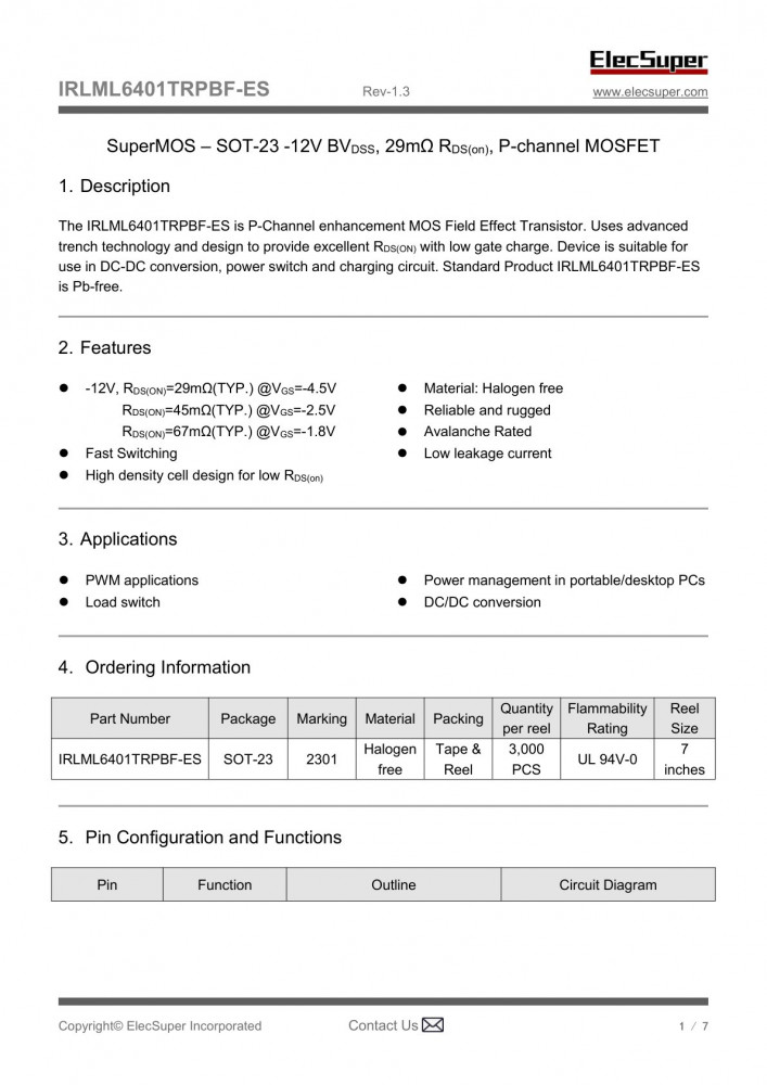 IRLML6401TRPBF-ES datasheet page 1