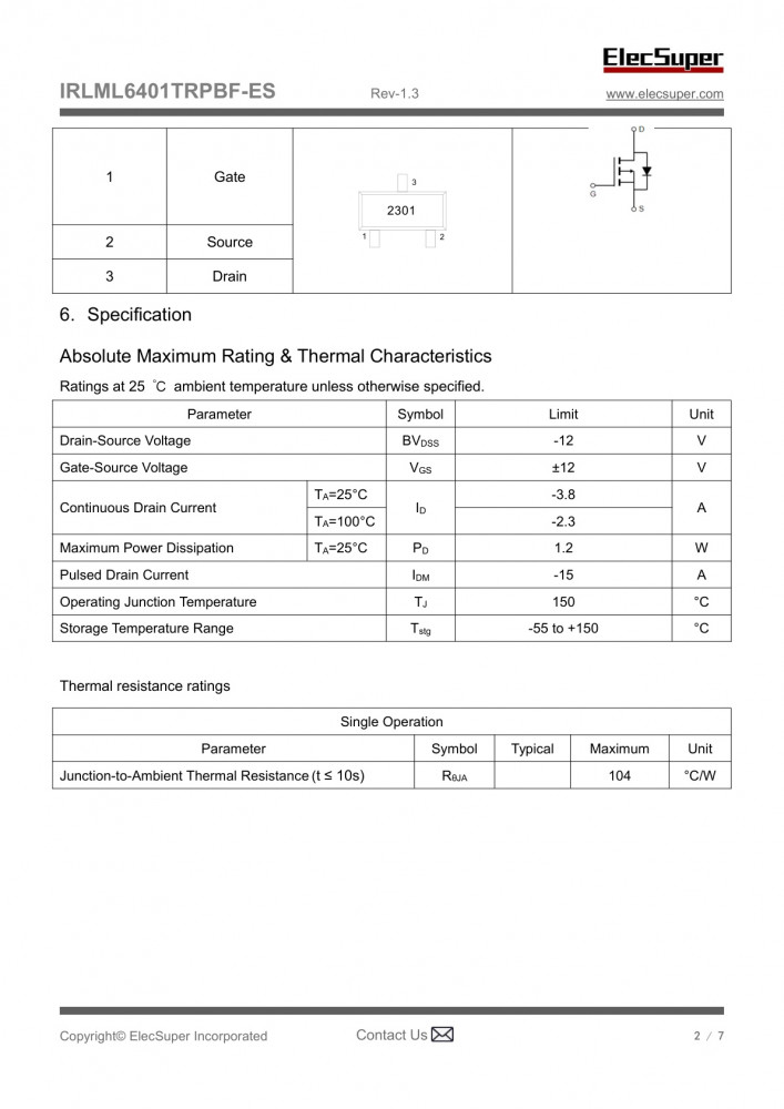 IRLML6401TRPBF-ES datasheet page 2