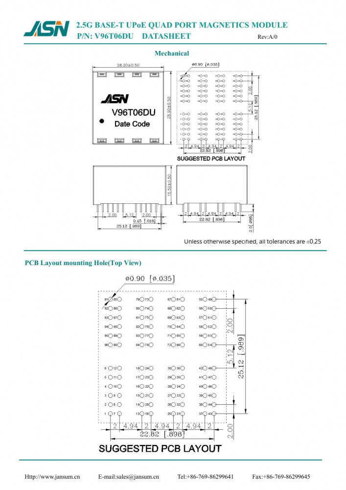 JASN V96T06DU mechanical drawing and PCB layout page