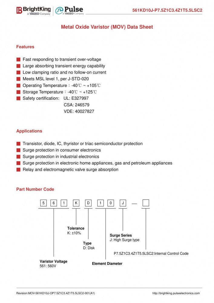 Brightking MOV datasheet page 1