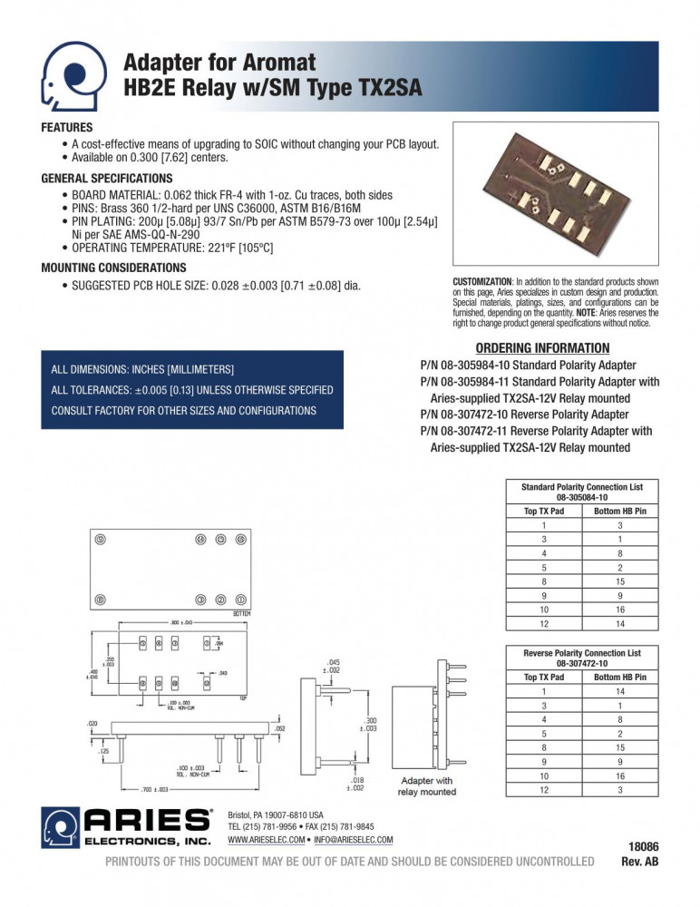Aries Electronics model 18086 adapter documentation image