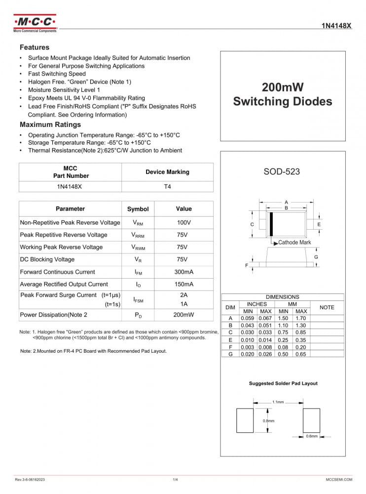 MCC 1N4148X-TP datasheet page 1