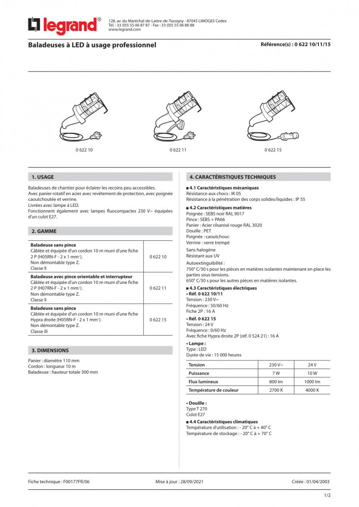 Legrand professional LED hand lamp technical document, page 1