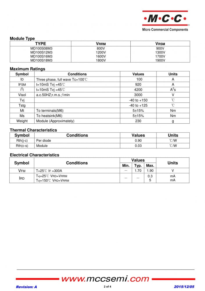 MCC MD100S16M3-BP datasheet page 2