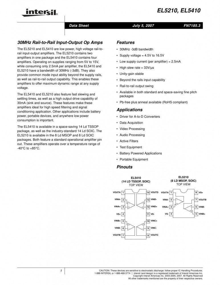 EL5410 datasheet page 1