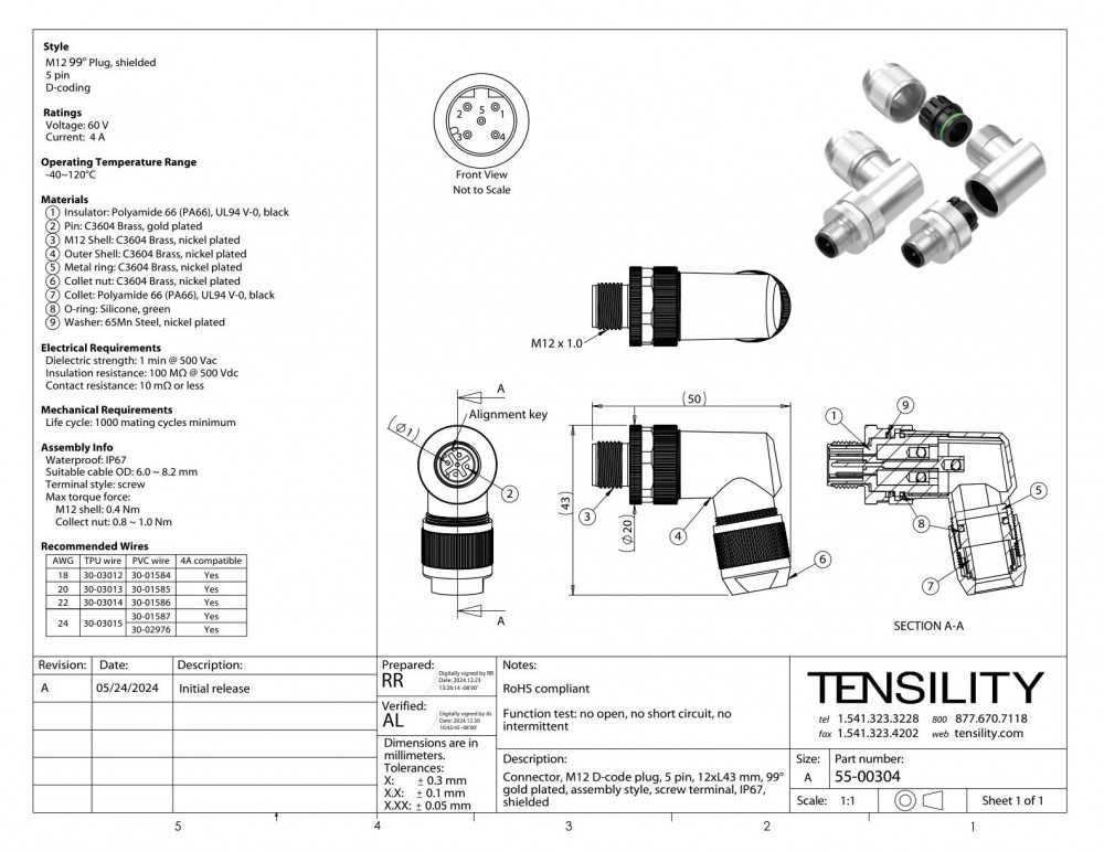 Tensility International 55-00304 M12 D-code plug product drawing