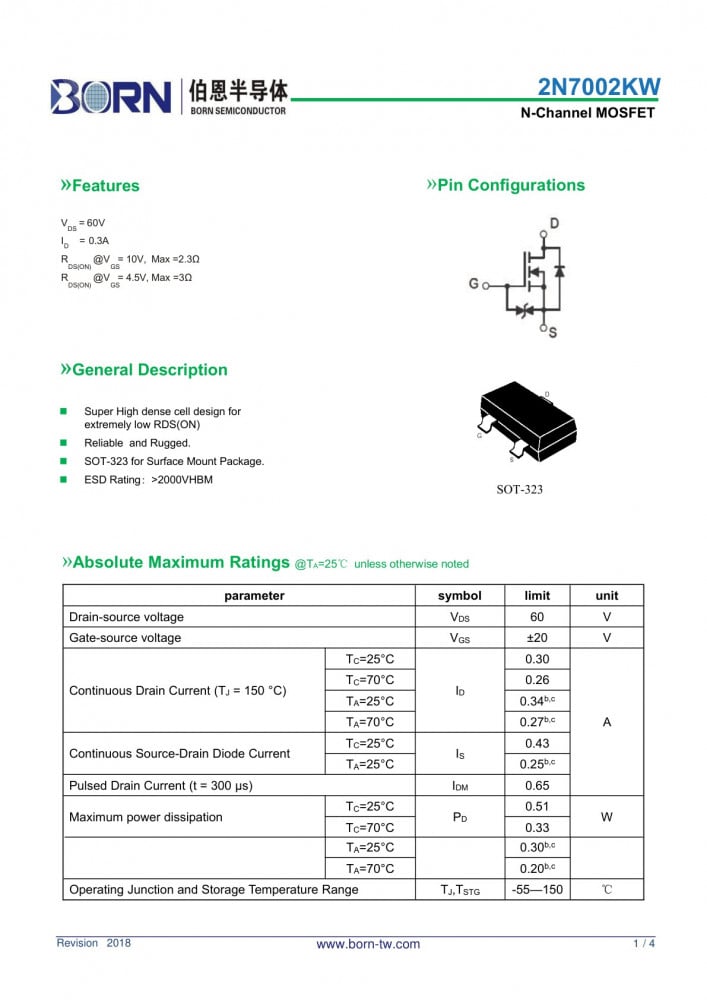 2N7002KW datasheet page 1