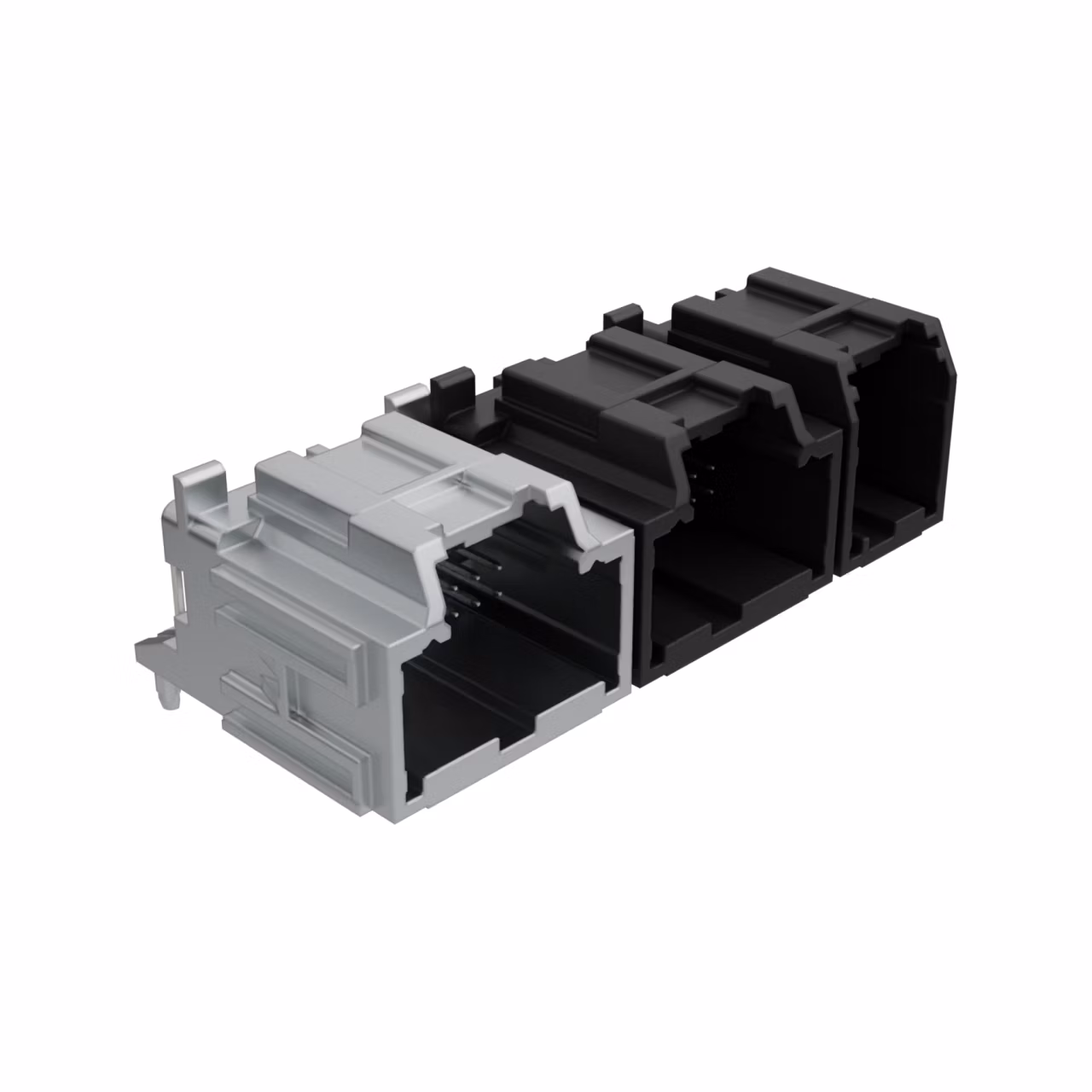 Mini50 Unsealed 3 Bay Right-Angle Headers, 110 Circuits / 80 Loaded, Bay A 38 Circuits / 34 Loaded, 34 x 0.50mm Blades, Polarization C, Dark Gray; Bay B 34 Circuits / 32 Loaded Hybrid, 28 x 0.50mm Blades, 4 x 1.20mm Blades, Polarization A, Black; Bay C 38