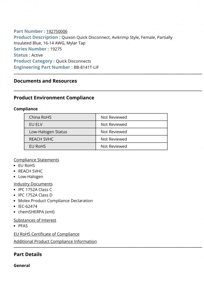 MOLEX 192750006 technical document page 1