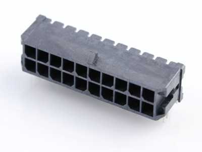 Micro-Fit 3.0 Right-Angle Header, 3.00mm Pitch, Dual Row, 20 Circuits, with PCB Press-fit Metal Retention Clip, 0.38µm Gold Plating, Glow-Wire Capable, Black,  Tape and Reel for sale