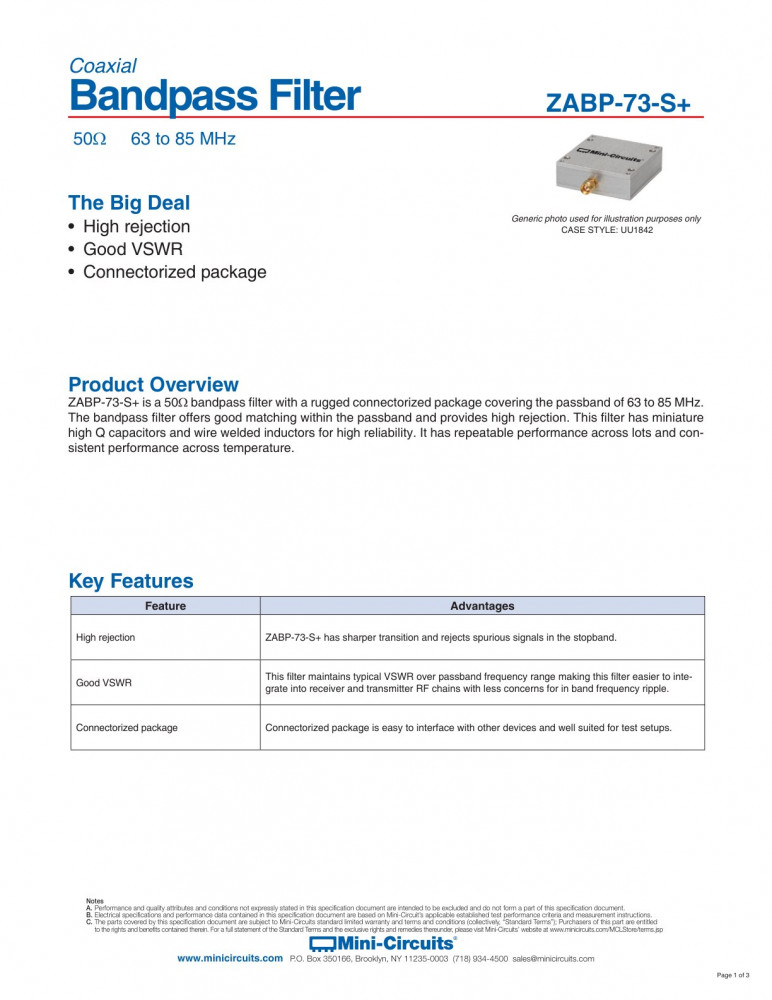 ZABP-73-S+ datasheet page 1