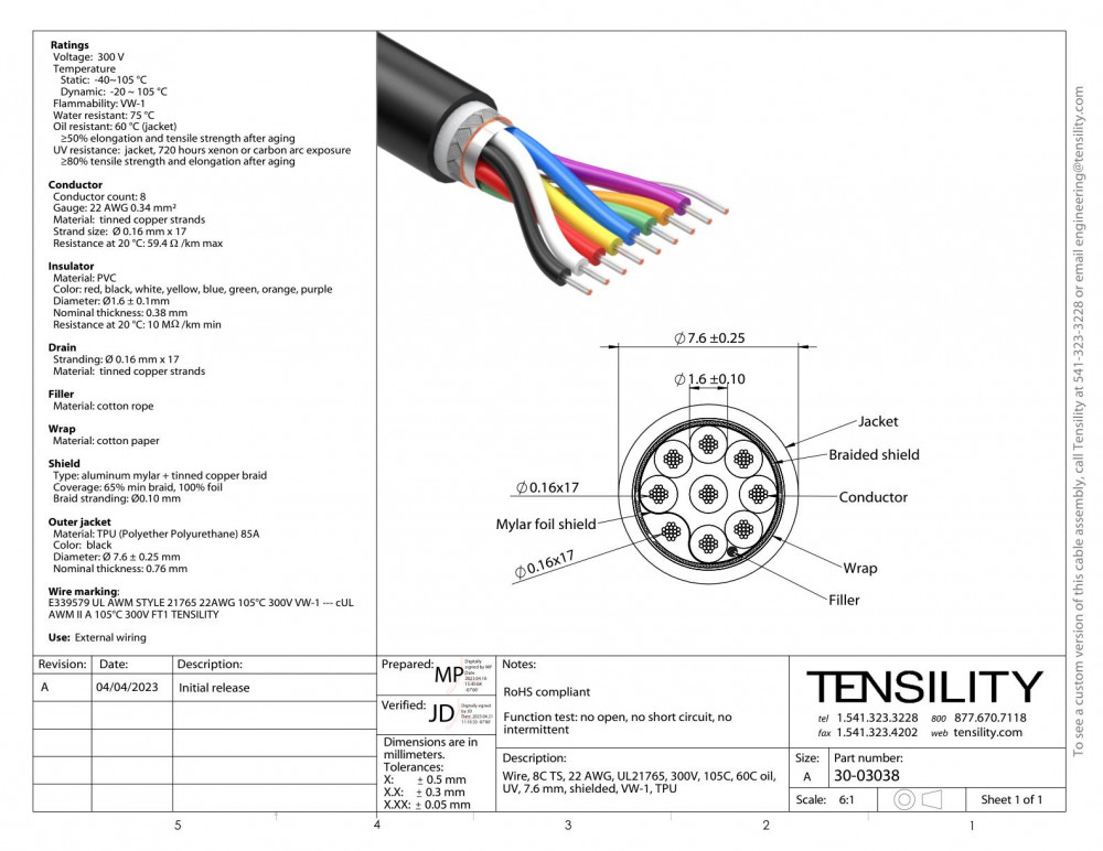 Tensility 30-03038 product specification and cable drawing