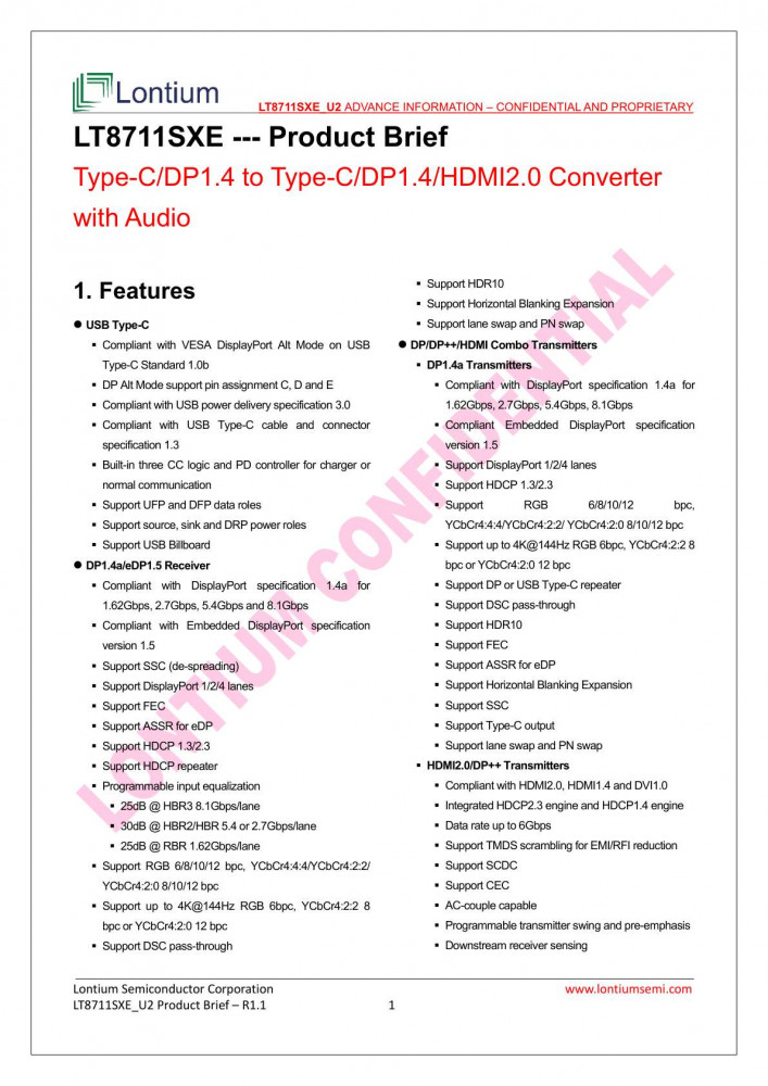 LT8711SXE technical document page 1