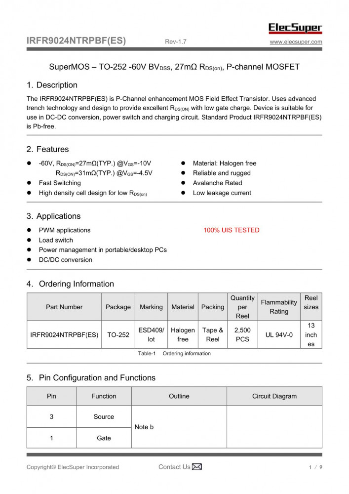 IRFR9024NTRPBF(ES) datasheet page 1