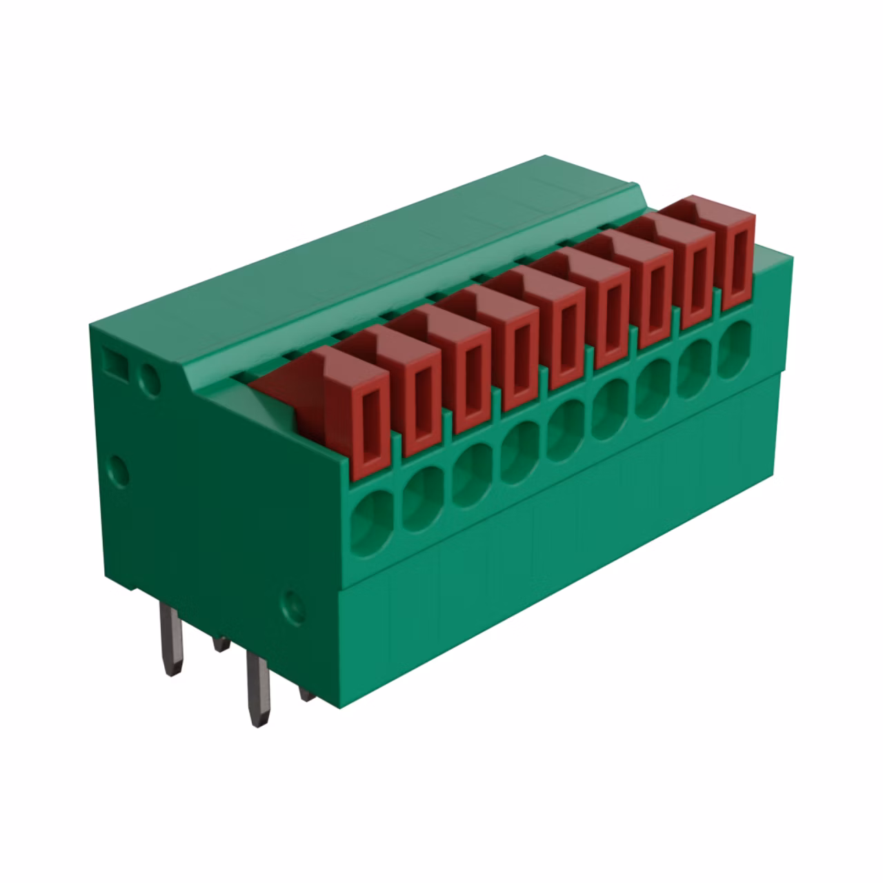 2.54mm Pitch, Eurostyle Fixed-Mount Push-Button Terminal Block, Horizontal, 6A, 26-18 AWG, Green, 9 Circuits for sale