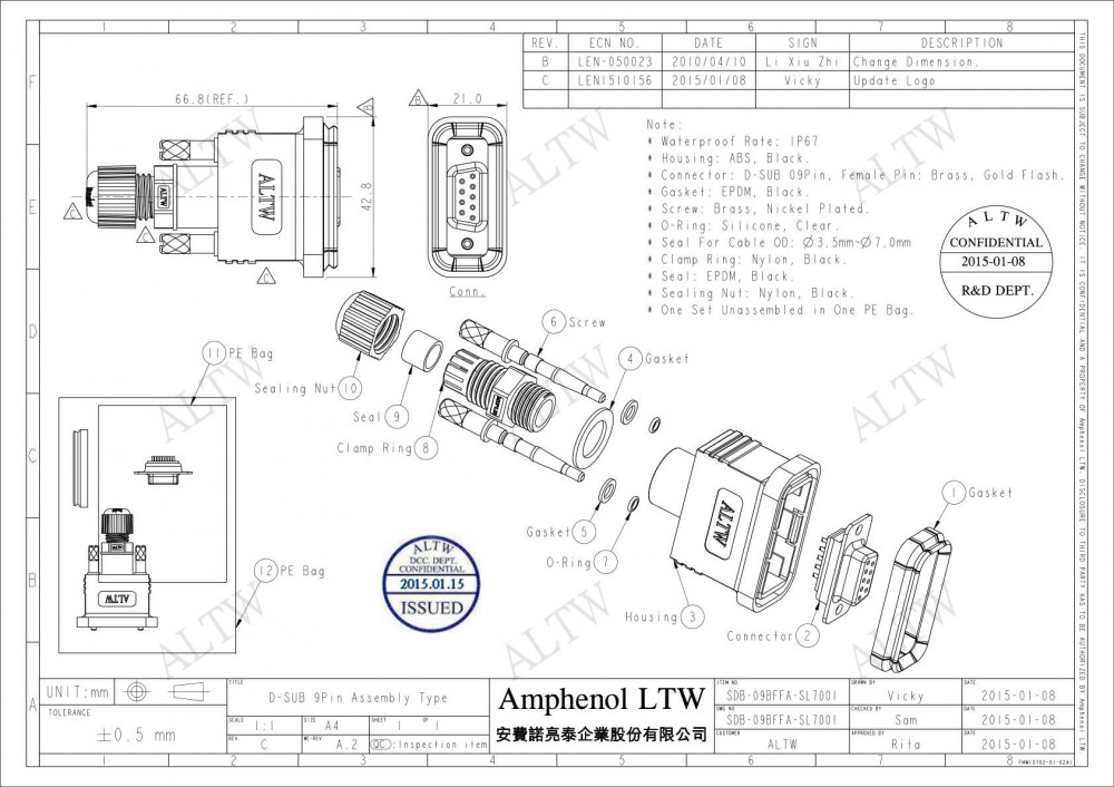 Amphenol SDB-09BFFA-SL7001 A4 product drawing