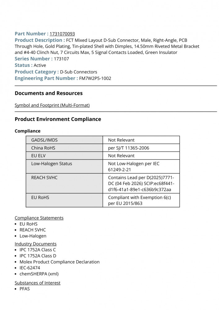 Product document image 1 for MOLEX 1731070093