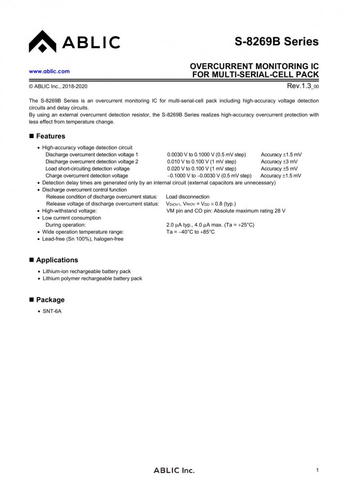 ABLIC S-8269B datasheet page 1