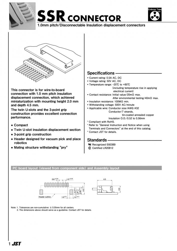 JST SSR series connector datasheet page 1
