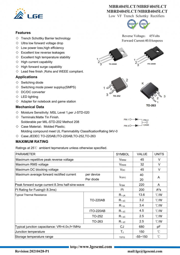 MBRF4045LCT datasheet page 1