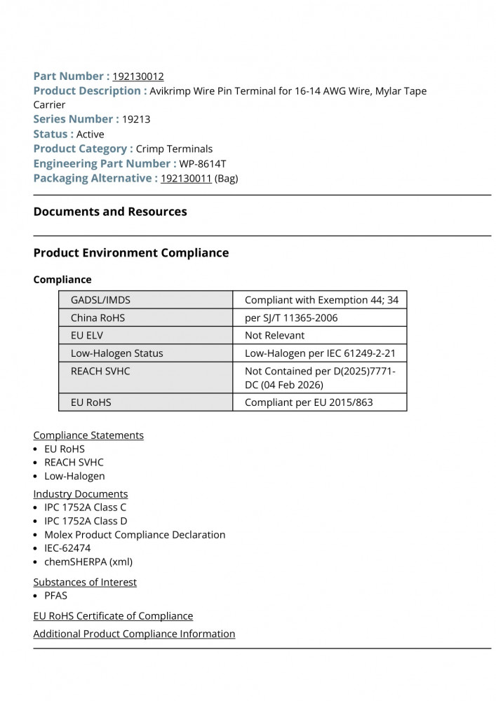 MOLEX 192130012 product document page 1