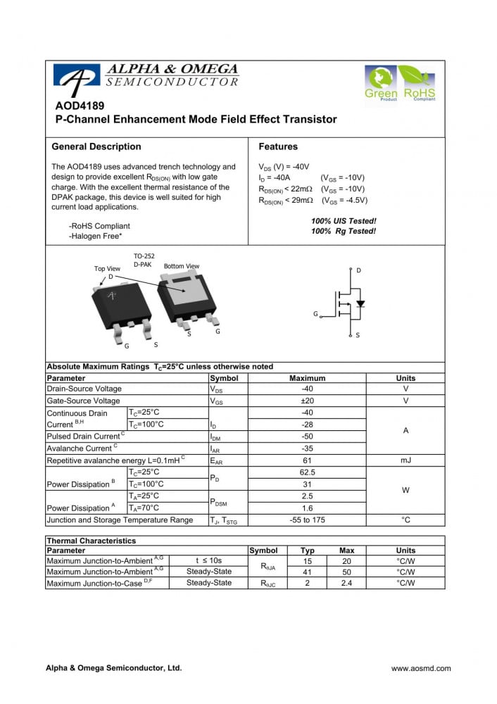 AOD4189 datasheet page 1