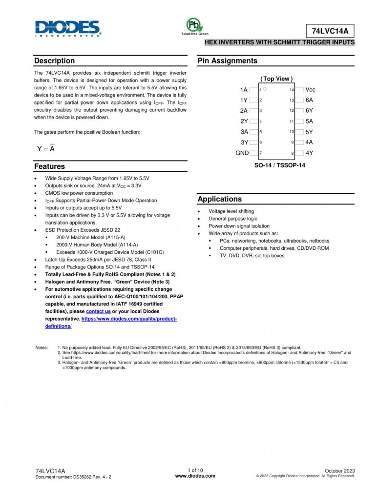 74LVC14AT14-13 datasheet page 1