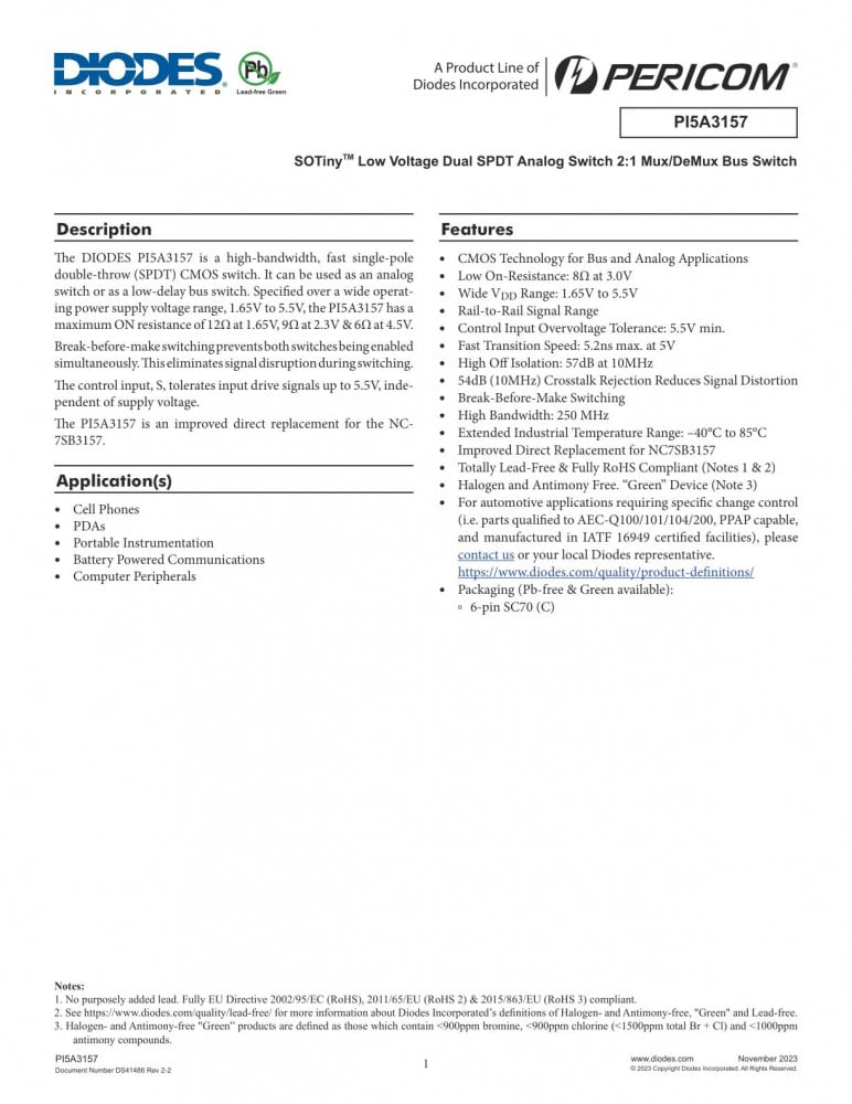 PI5A3157CEX datasheet page 1