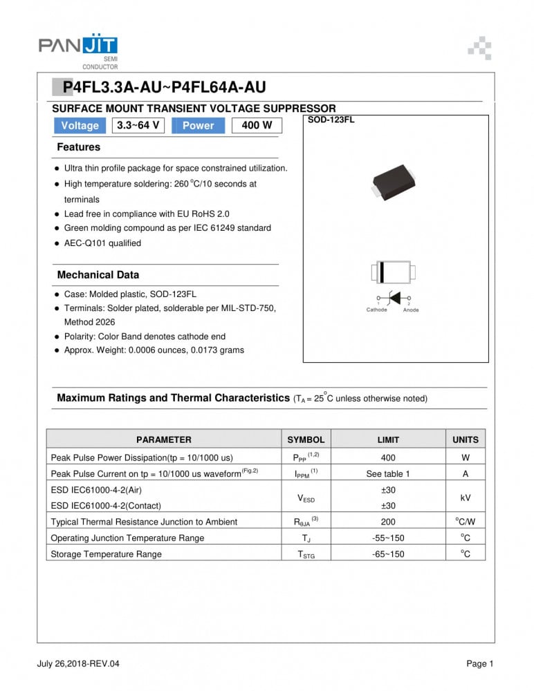 PANJIT P4FL series datasheet page 1