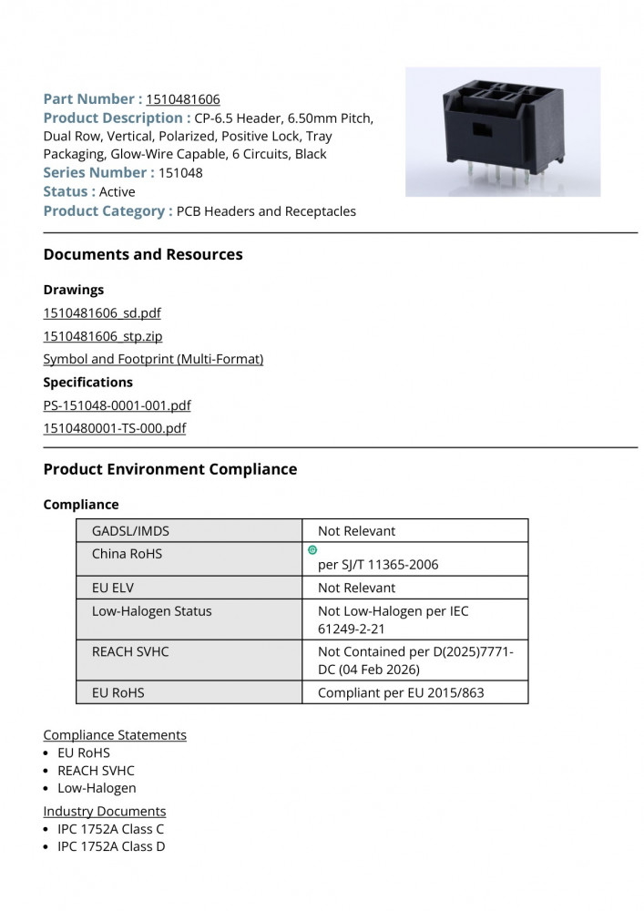 Molex CP 6.5 mm product specification page 1