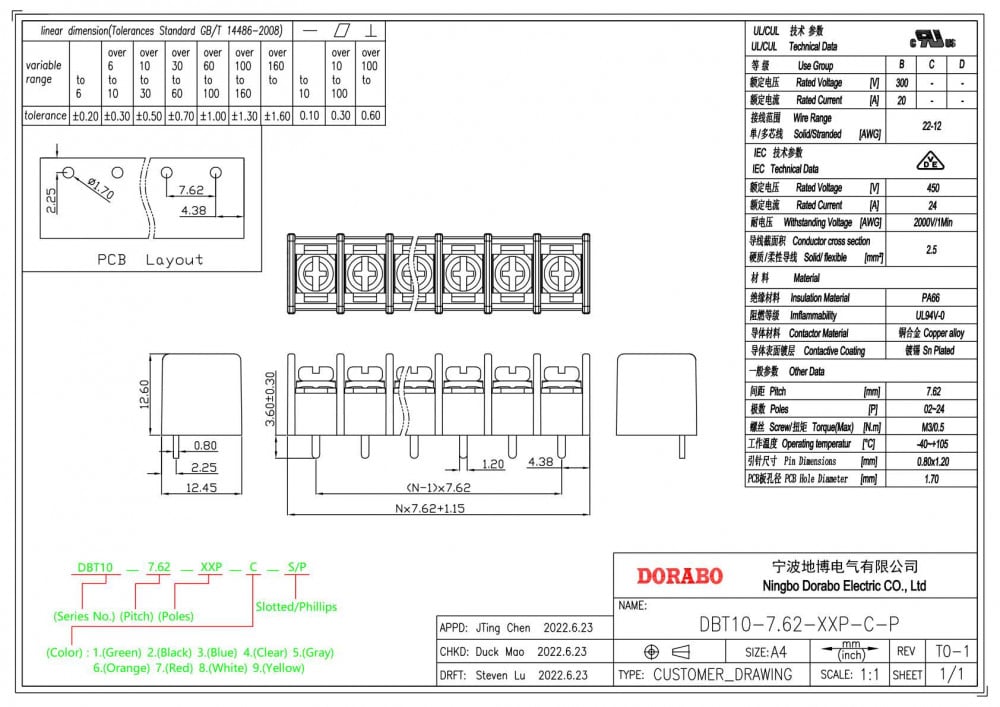 DORABO DBT10-7.62-2P-BK-P technical drawing