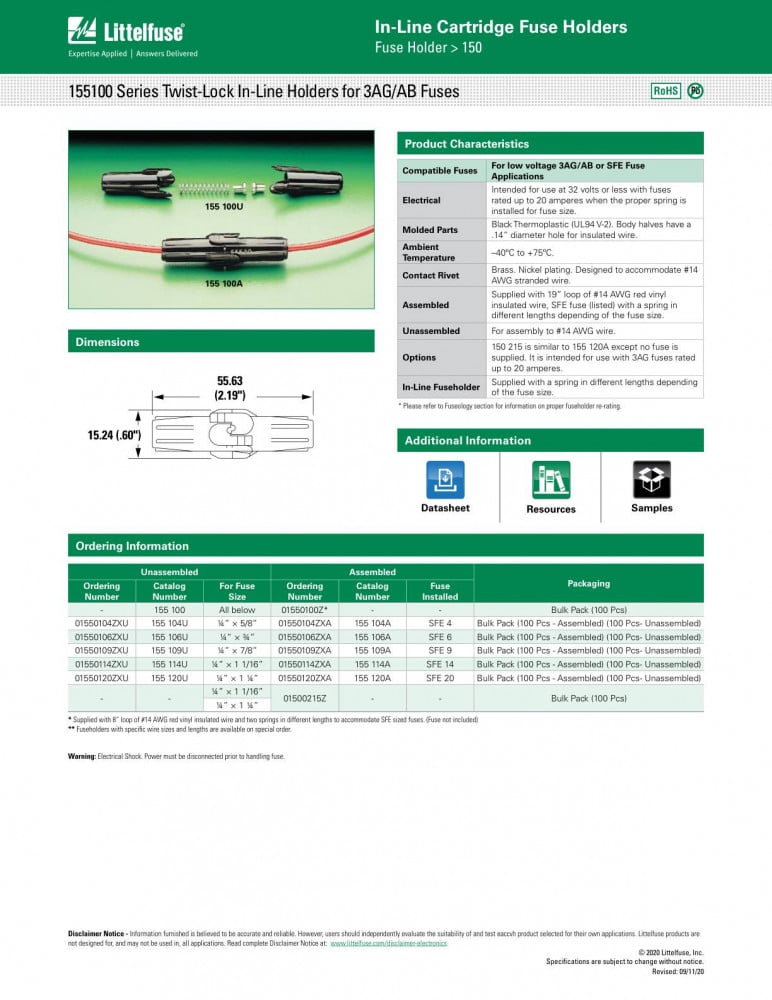 Littelfuse 155100 series technical document page