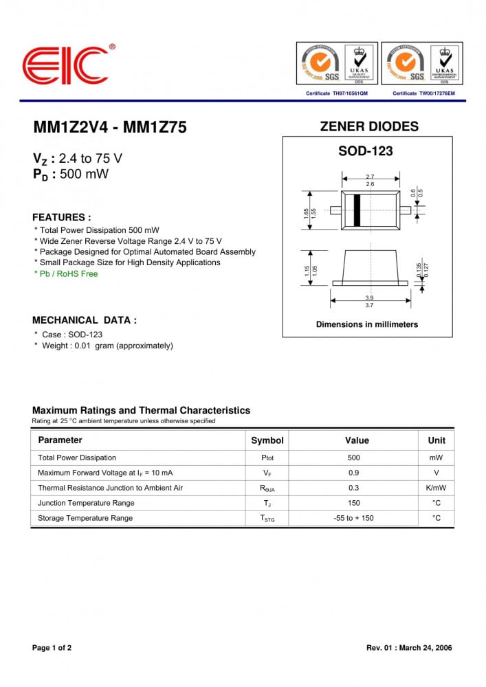 EIC MM1Z3V9 datasheet page 1