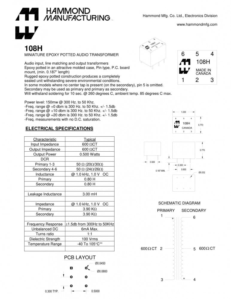 Hammond 108H technical drawing page 1