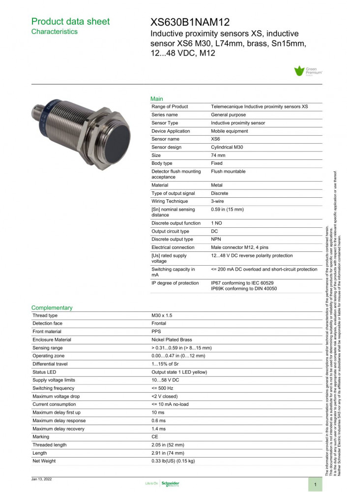 XS630B1NAM12 technical document page 1