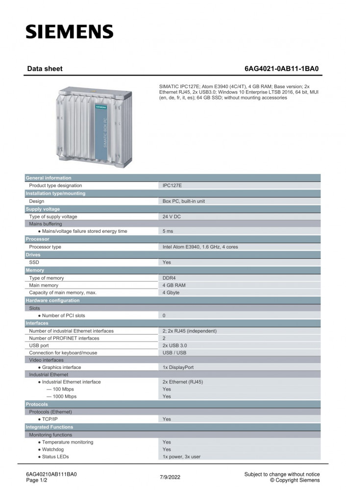 SIMATIC IPC127E document preview, page 1