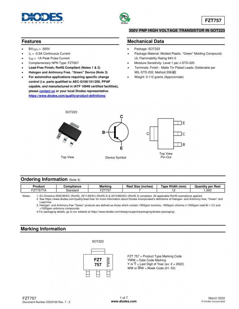 FZT757TA datasheet page 1