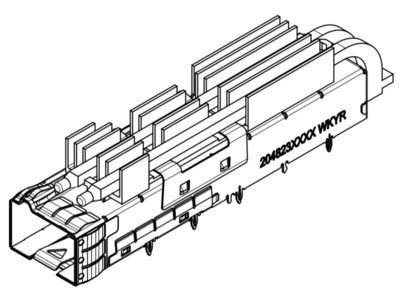 SFP-DD 1-by-1 Cage Assembly with SUS Spring Fingers, PCI Fin Heat Sink, No Rear Legs, with Press-Fit Pins