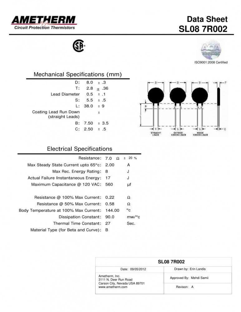 Ametherm SL08 7R002-A technical datasheet page