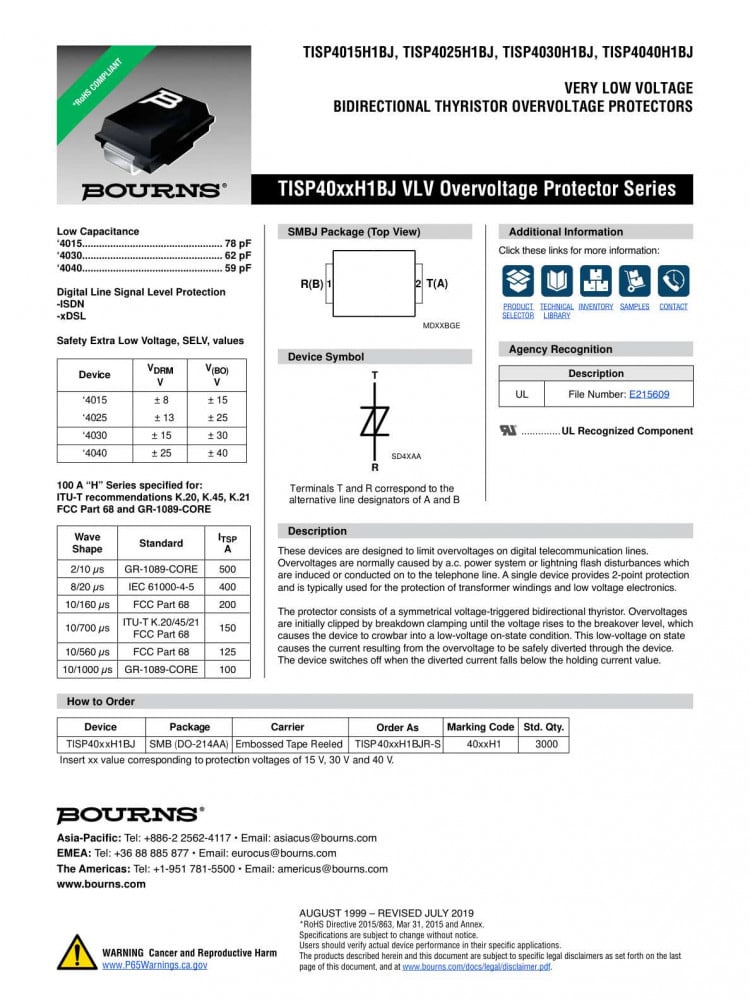 TISP4015H1BJR-S datasheet page 1