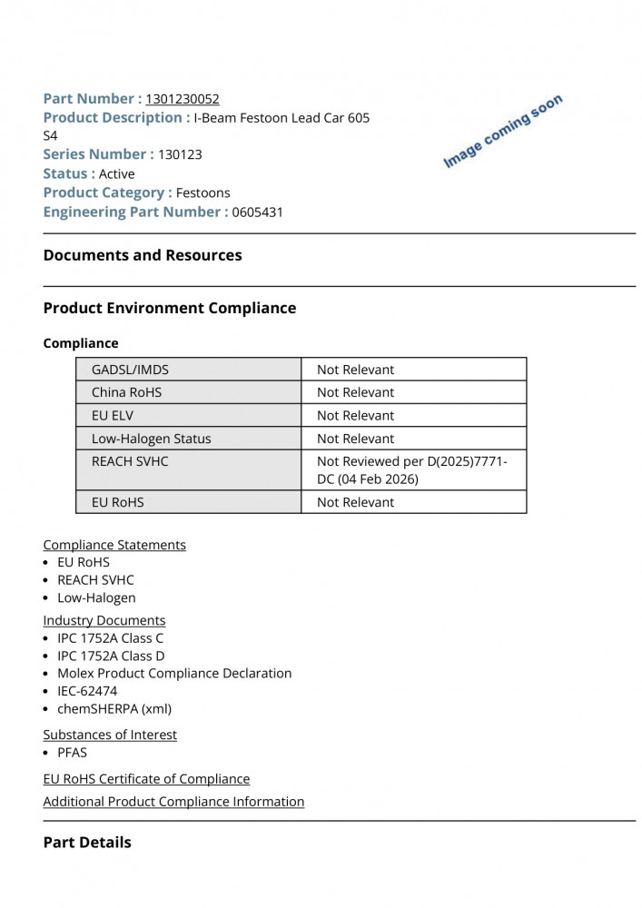 Product document image 1 for MOLEX 1301230052
