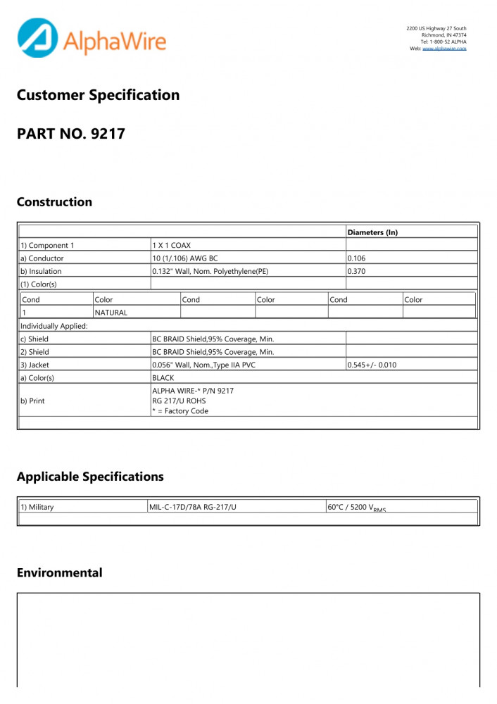 Alpha Wire 9217 technical specification page 1