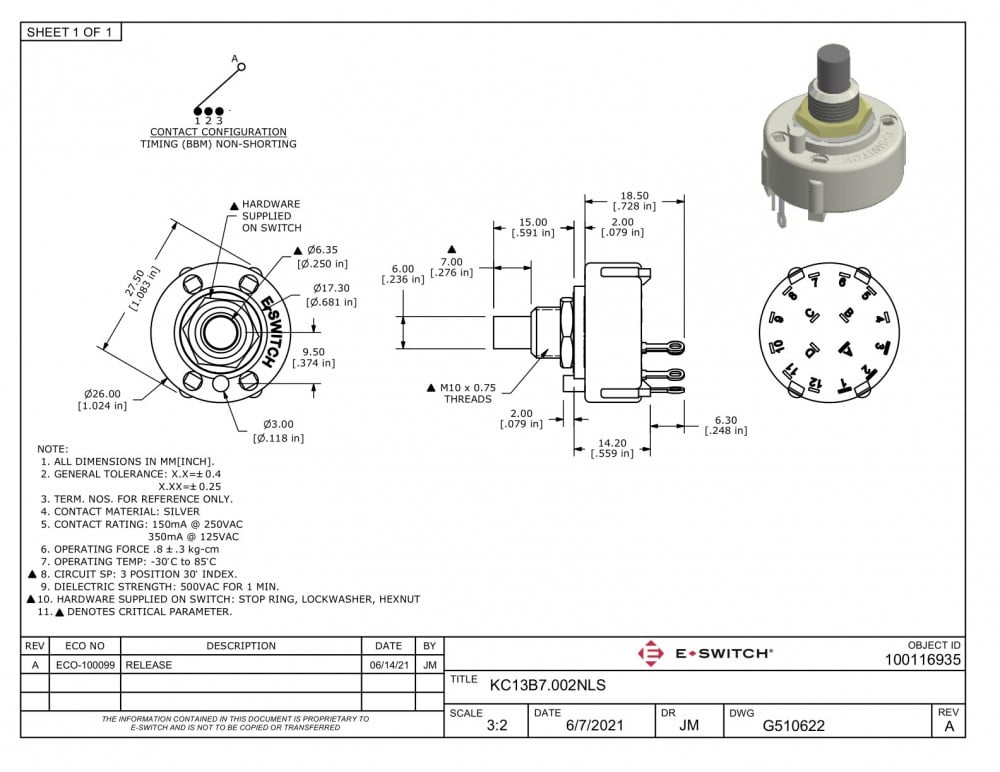 E-Switch KC13B7.002NLS official technical drawing