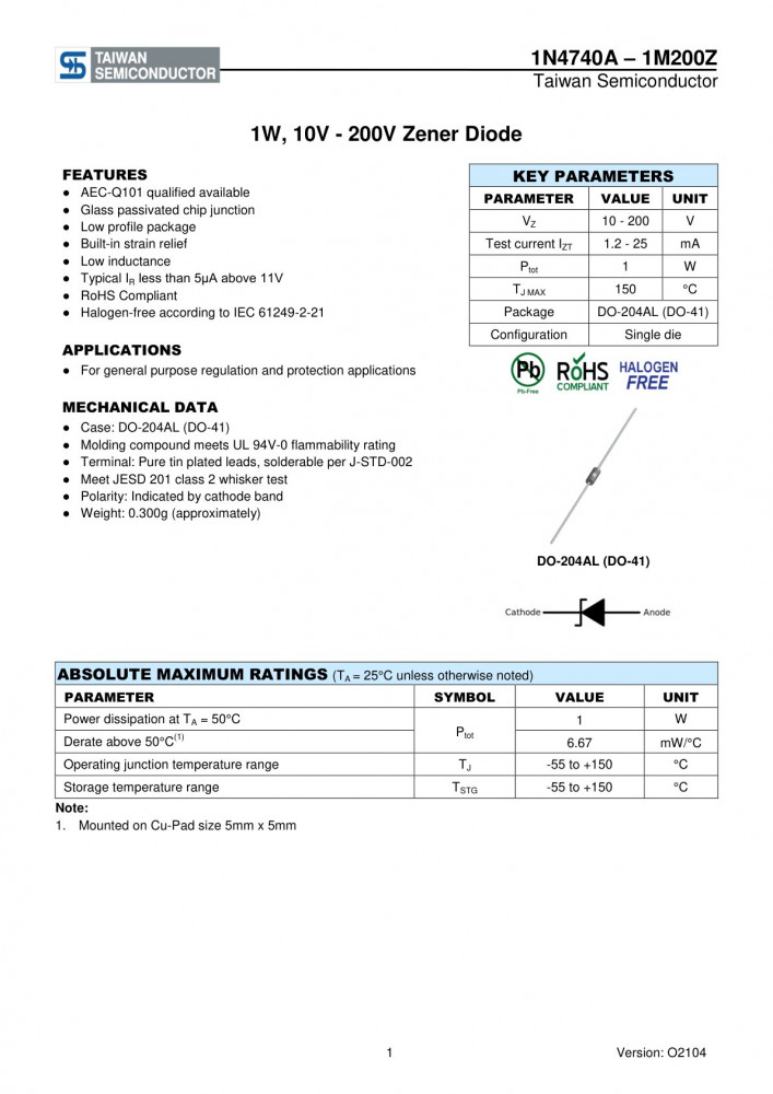 1N4741A datasheet page 1