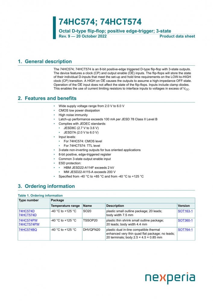 74HC574PW datasheet page 1