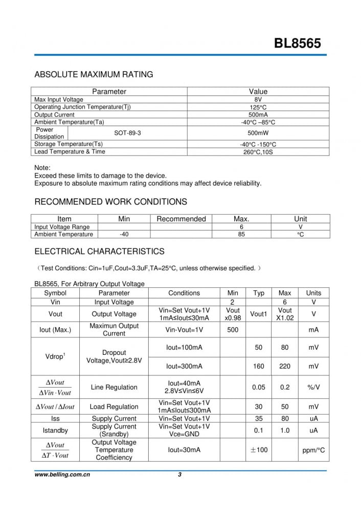 BL8565 datasheet page 3